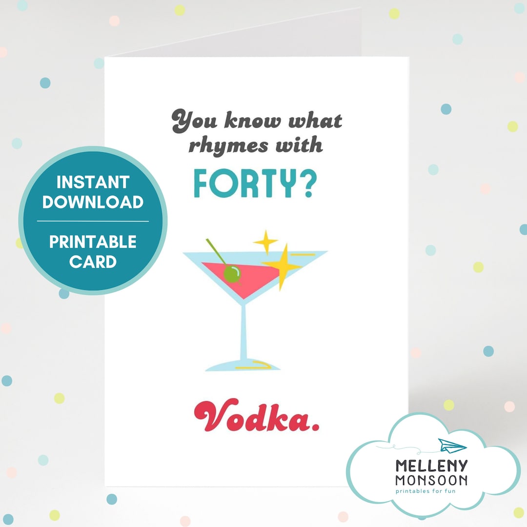 Funny What Rhymes With Forty Printable 40th Birthday Card, for Best ...