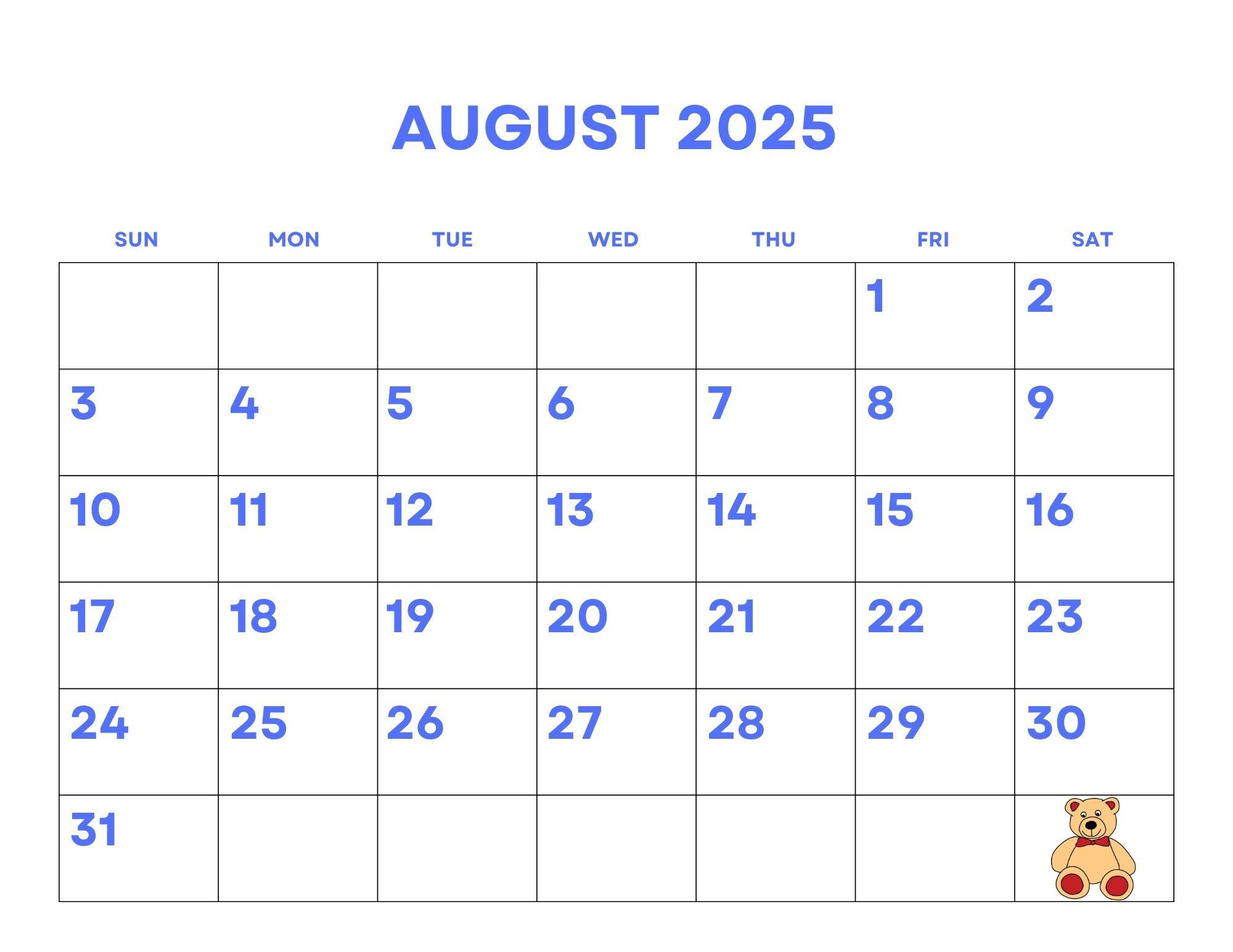 2025 Kids Calendar Monthly Printable With Large Blue Numbers - Etsy