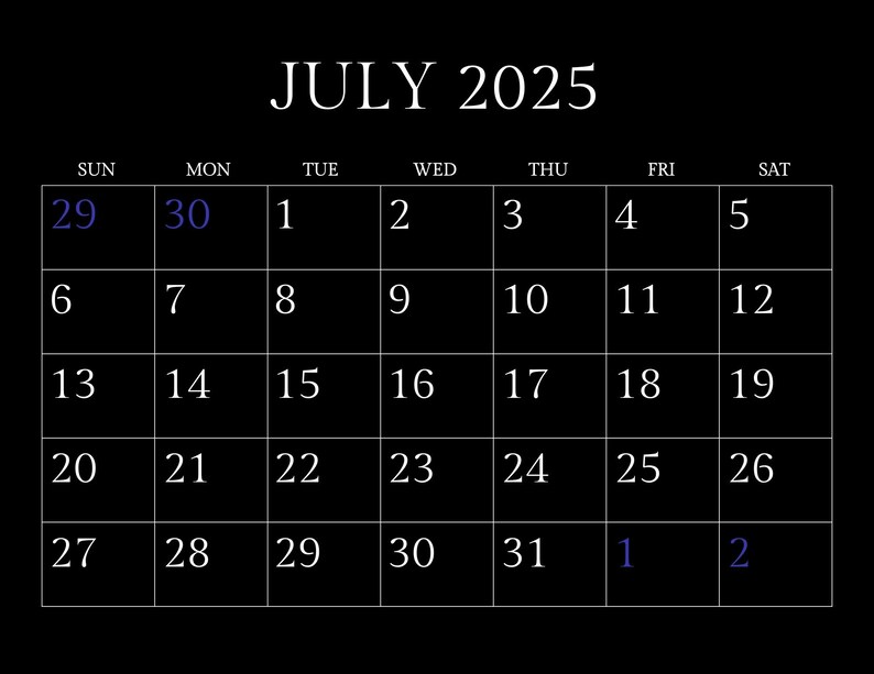 Black 2025 Calendar Monthly Printable With Large Numbers - Etsy
