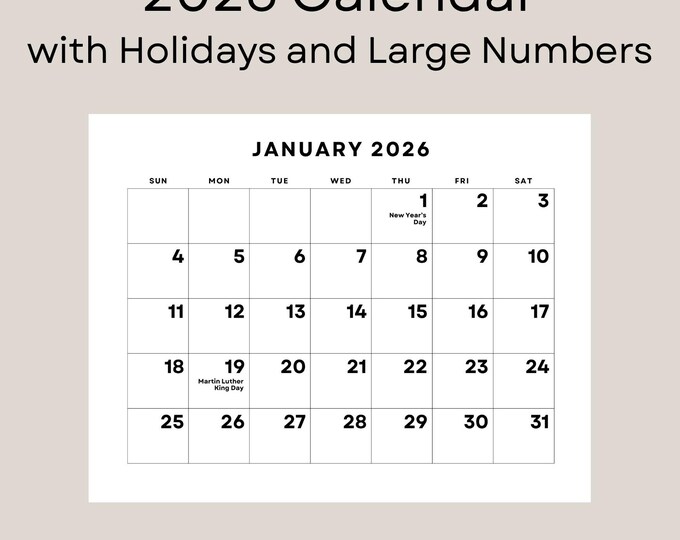 2026 Large Number Square Calendar | INSTANT DOWNLOAD | Simple Monthly ...