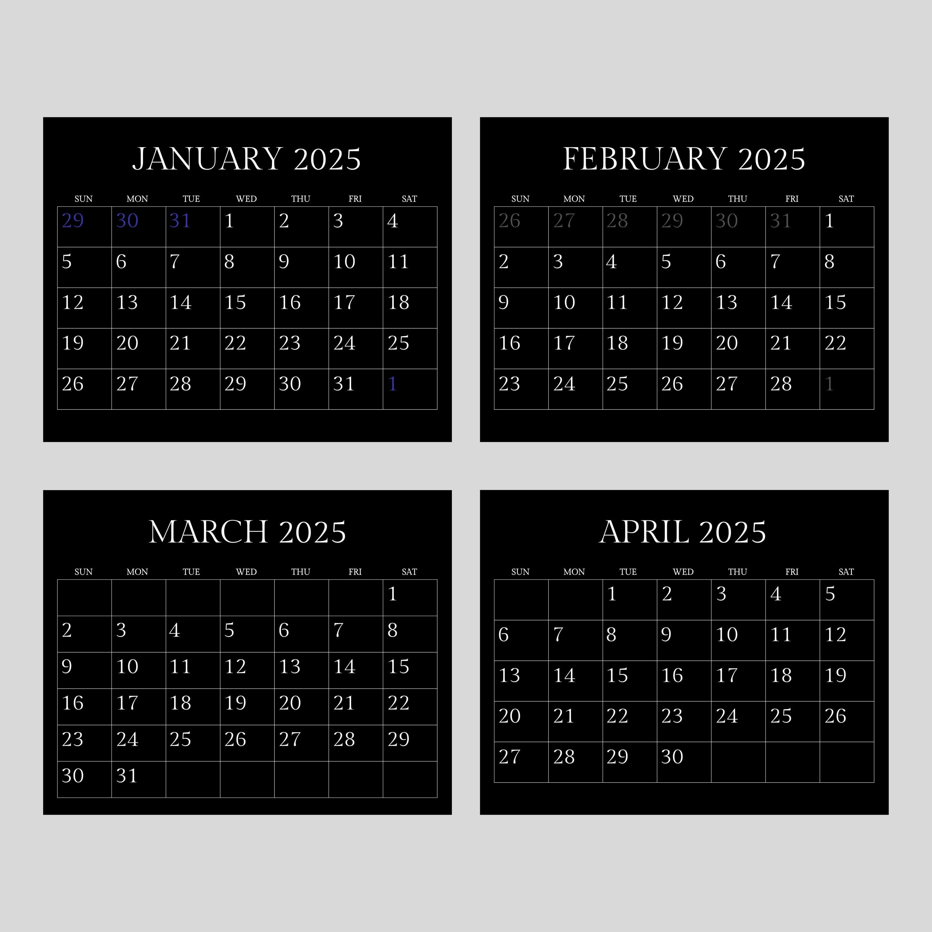 Black 2025 Calendar Monthly Printable With Large Numbers - Etsy