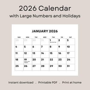 Printable Calendar 2026 Large Numbers - Etsy