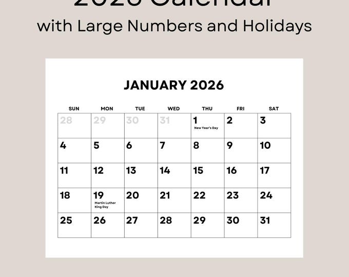 2026 Large Number Square Calendar | INSTANT DOWNLOAD | Simple Monthly ...