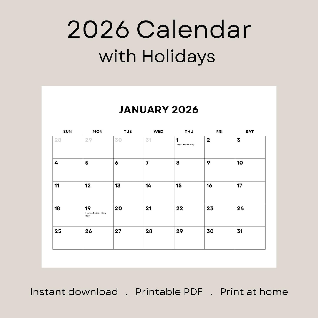 2026 Printable Monthly Calendar With Holidays - Etsy
