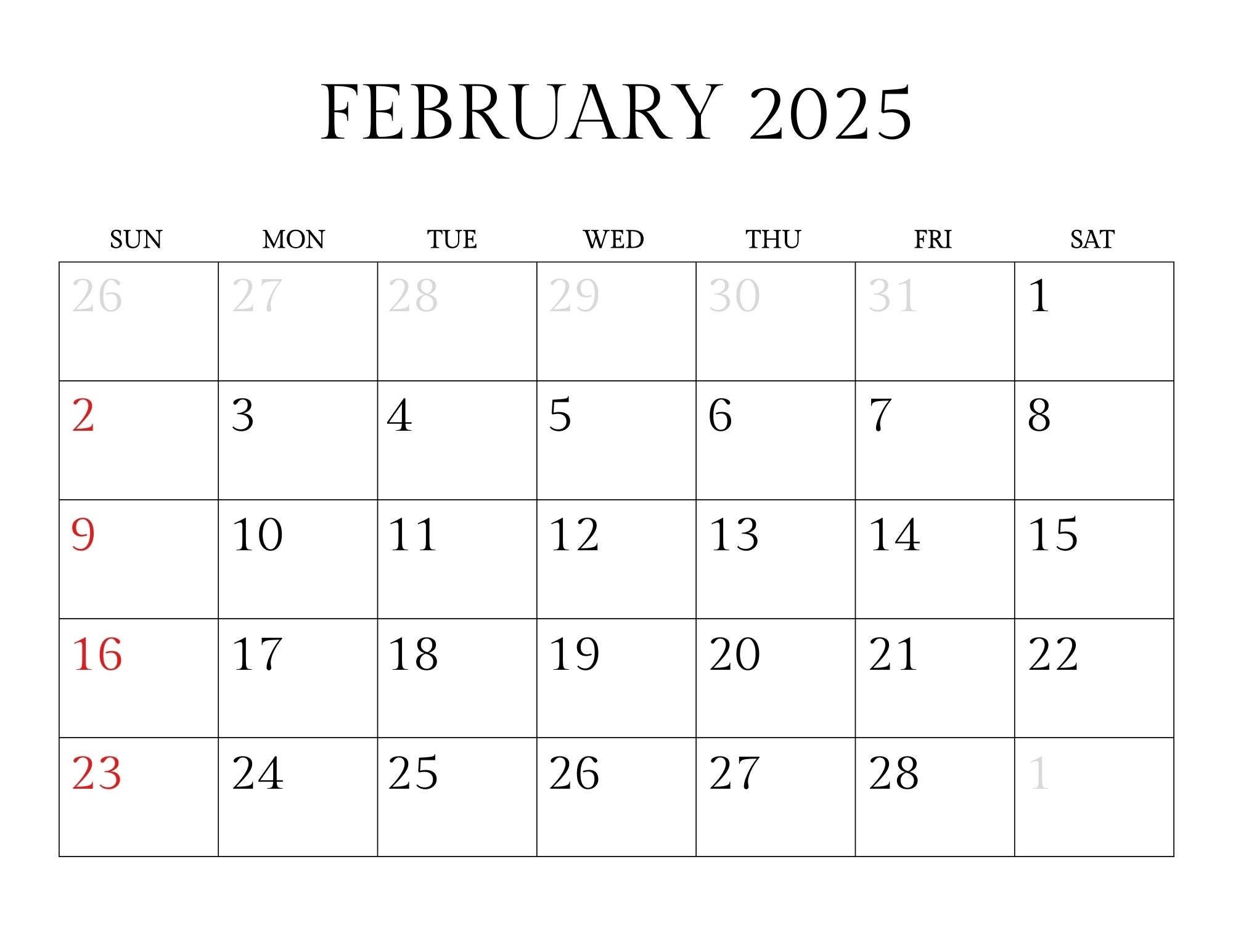 Elegant 2025 Calendar Monthly Printable With Large Numbers and Red ...