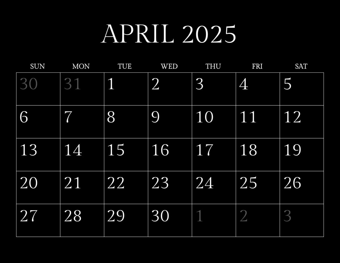 Black 2025 Calendar Monthly Printable With Large Numbers - Etsy