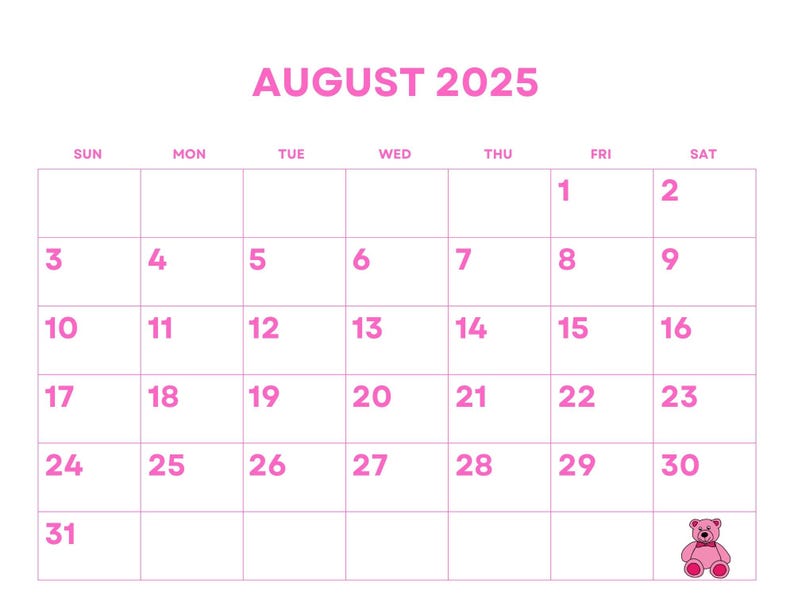 2025 Kids Calendar Monthly Printable With Large Pink Numbers - Etsy