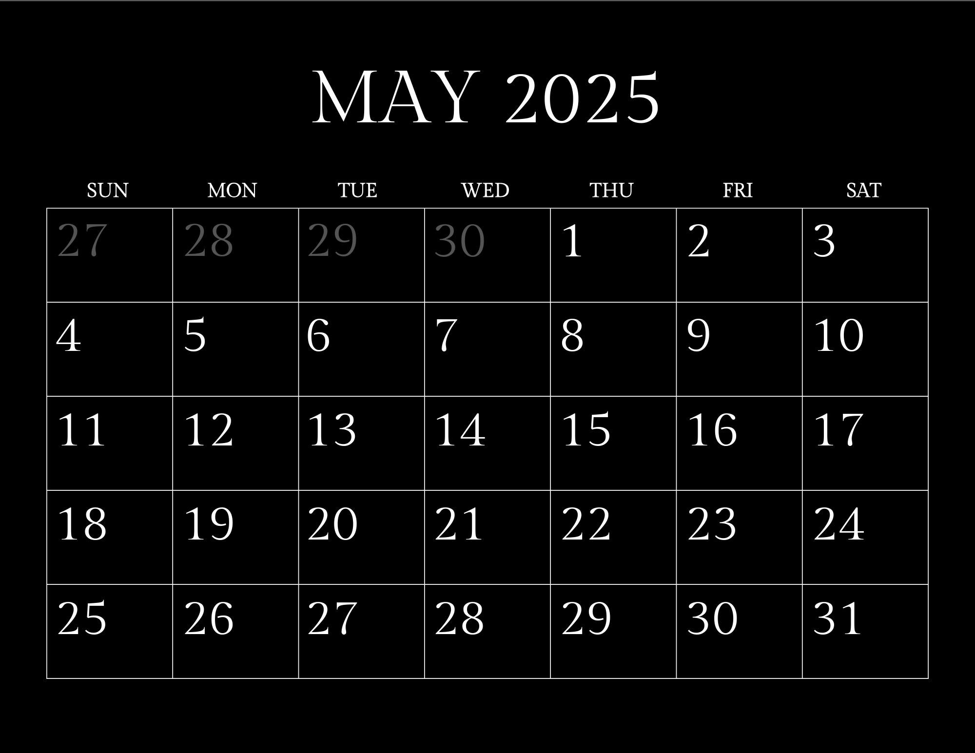 Black 2025 Calendar Monthly Printable With Large Numbers - Etsy