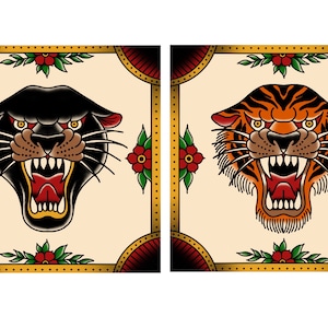 Panther Head and Lion Head American Traditional Tattoo Inspired Digital ...