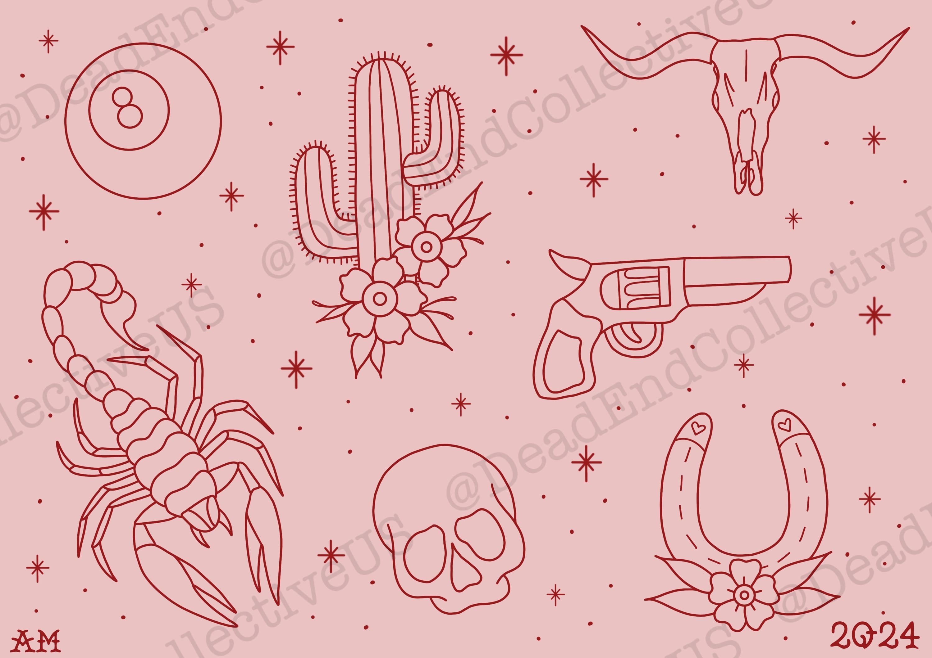 Red Ink Tattoo Flash Sheet | American Traditional Western Flash | Red ...