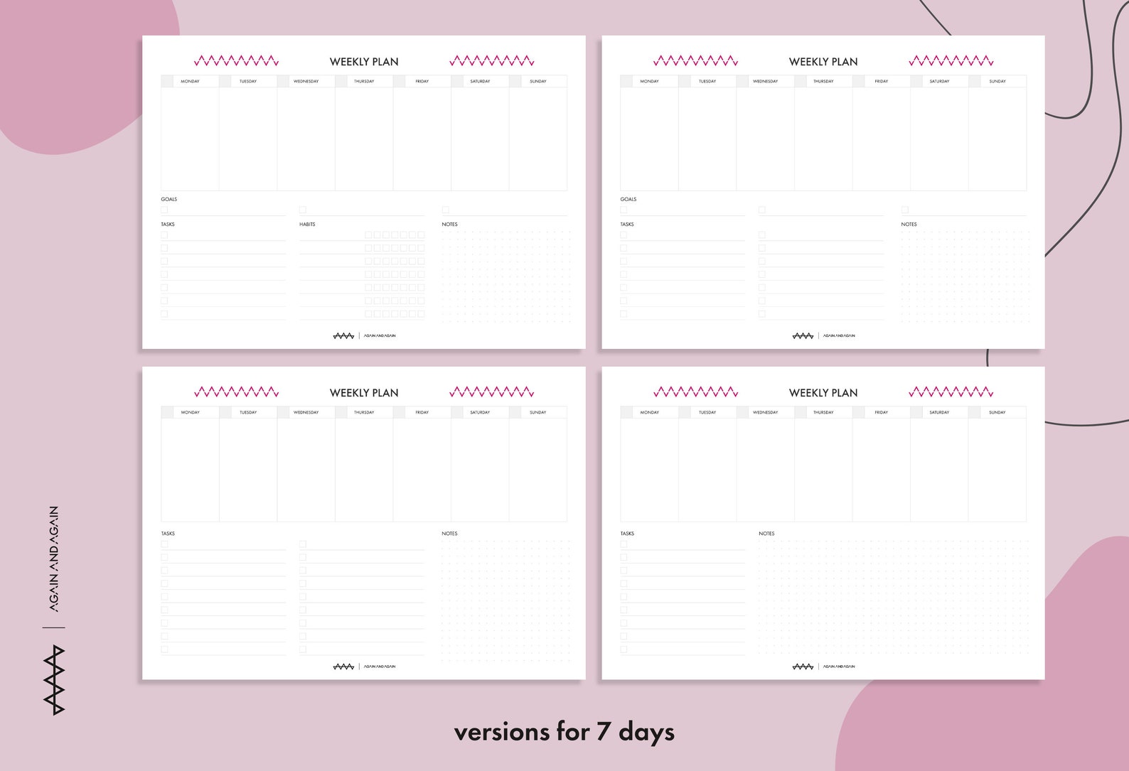 Horizontal Weekly Planner Printable Productivity Organizer Minimalist ...