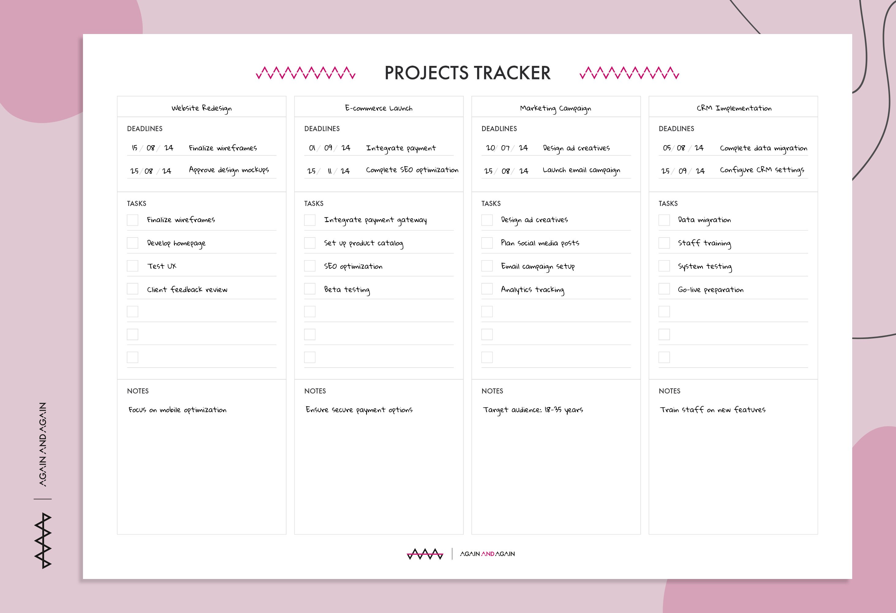 Projects Tracker A4 Horizontal Format Printable Manage Multiple ...