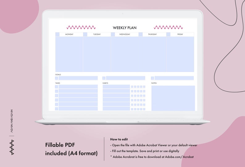 Horizontal Weekly Planner Printable Productivity Organizer Minimalist ...