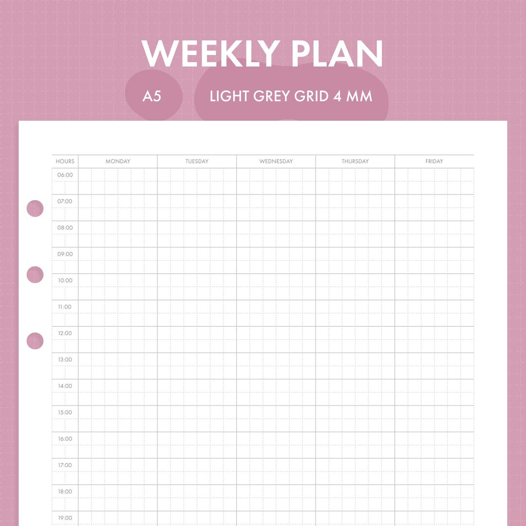 Weekly Planner Vertical Table With Hours, 5 or 7 Days, Hourly Time ...
