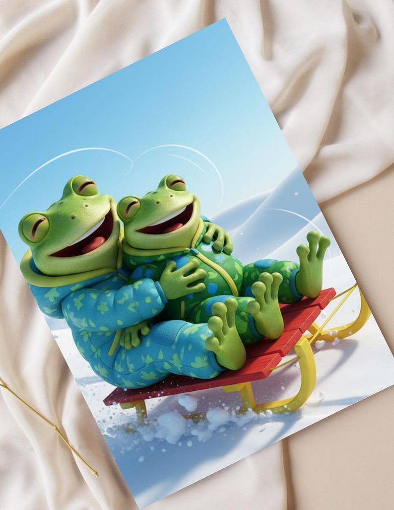 Frog Couple Blank Greeting Card Printable, Cute Romantic Sledding Frog ...