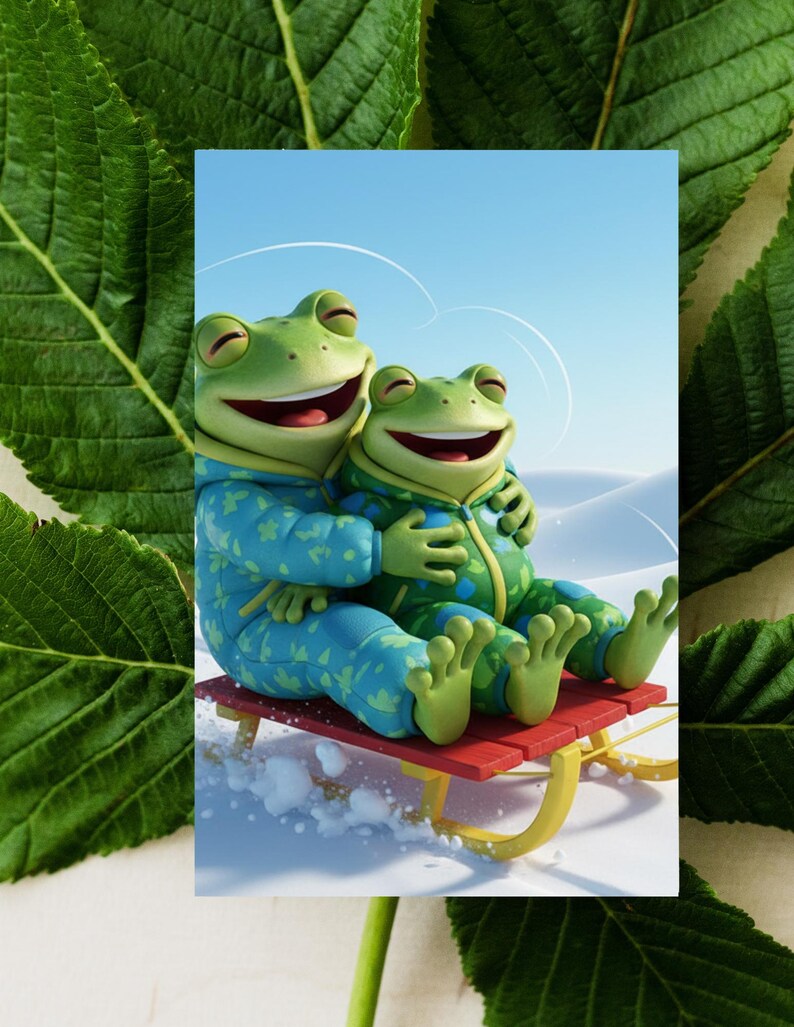 Frog Couple Blank Greeting Card Printable, Cute Romantic Sledding Frog ...