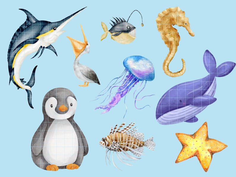 50 Ocean Life Clipart Bundle | Watercolor Marine Animals PNG | Instant ...