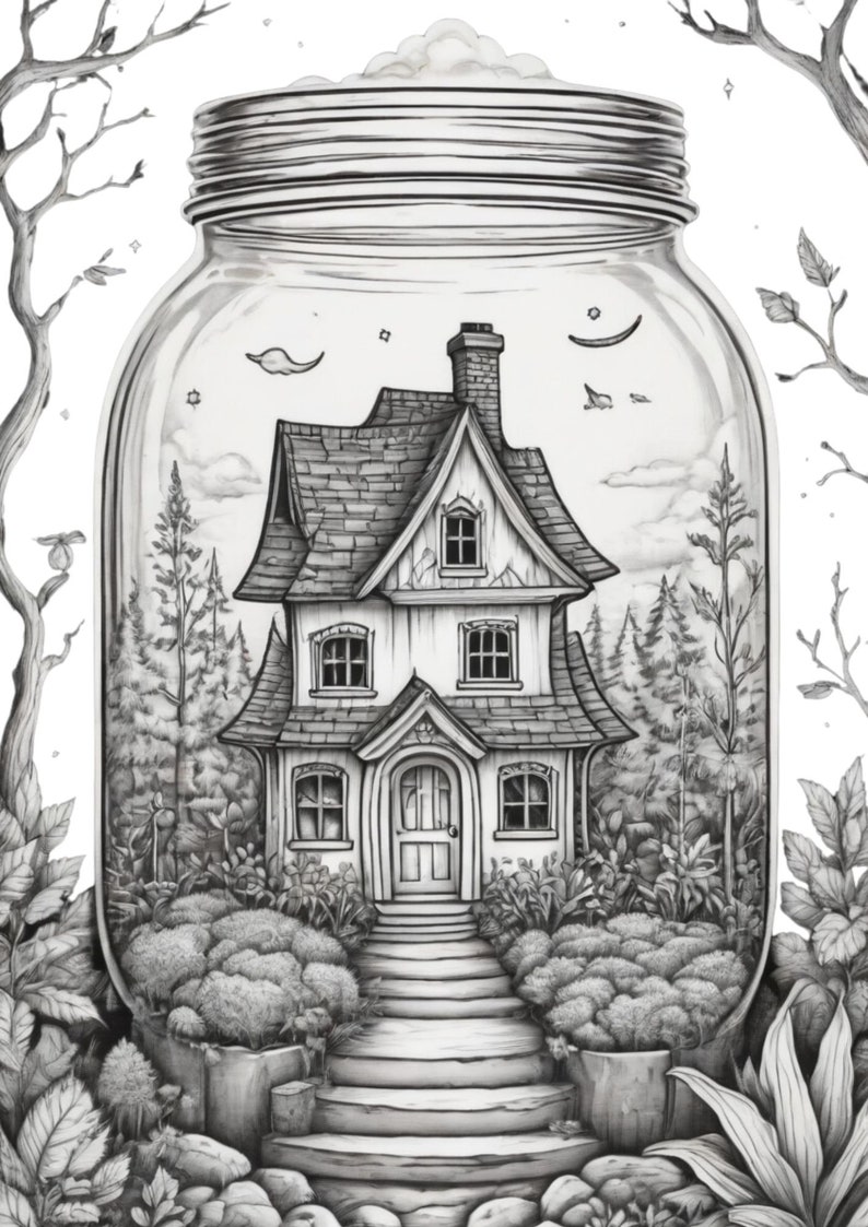35 House in a Jar - Printable Adult and Kids Coloring Page , Coloring ...