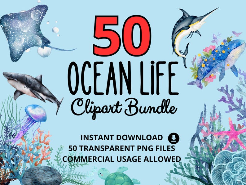 50 Ocean Life Clipart Bundle | Watercolor Marine Animals PNG | Instant ...