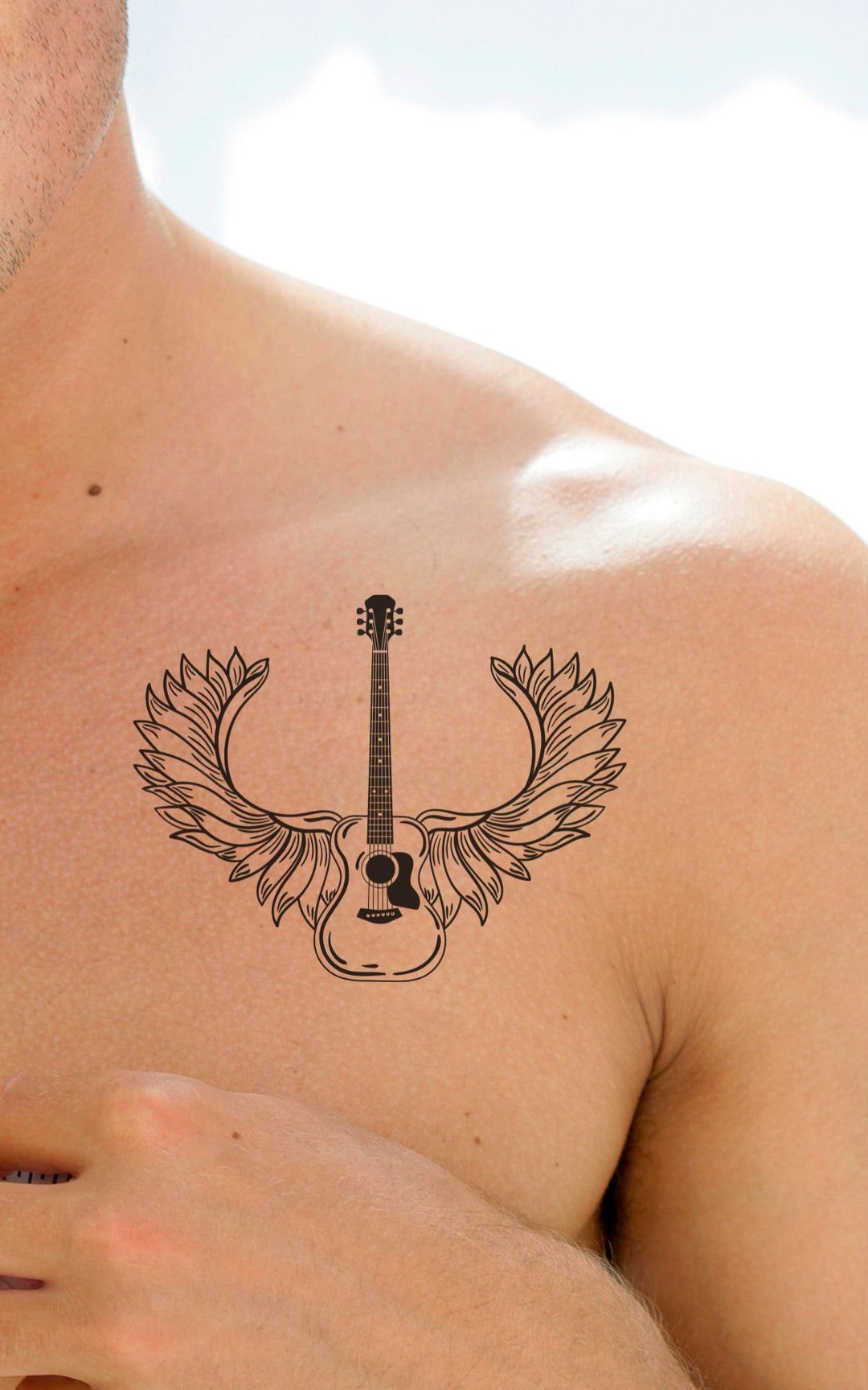 Winged Guitar Temporary Tattoo, Music Tattoo, Acoustic Guitar Angel ...