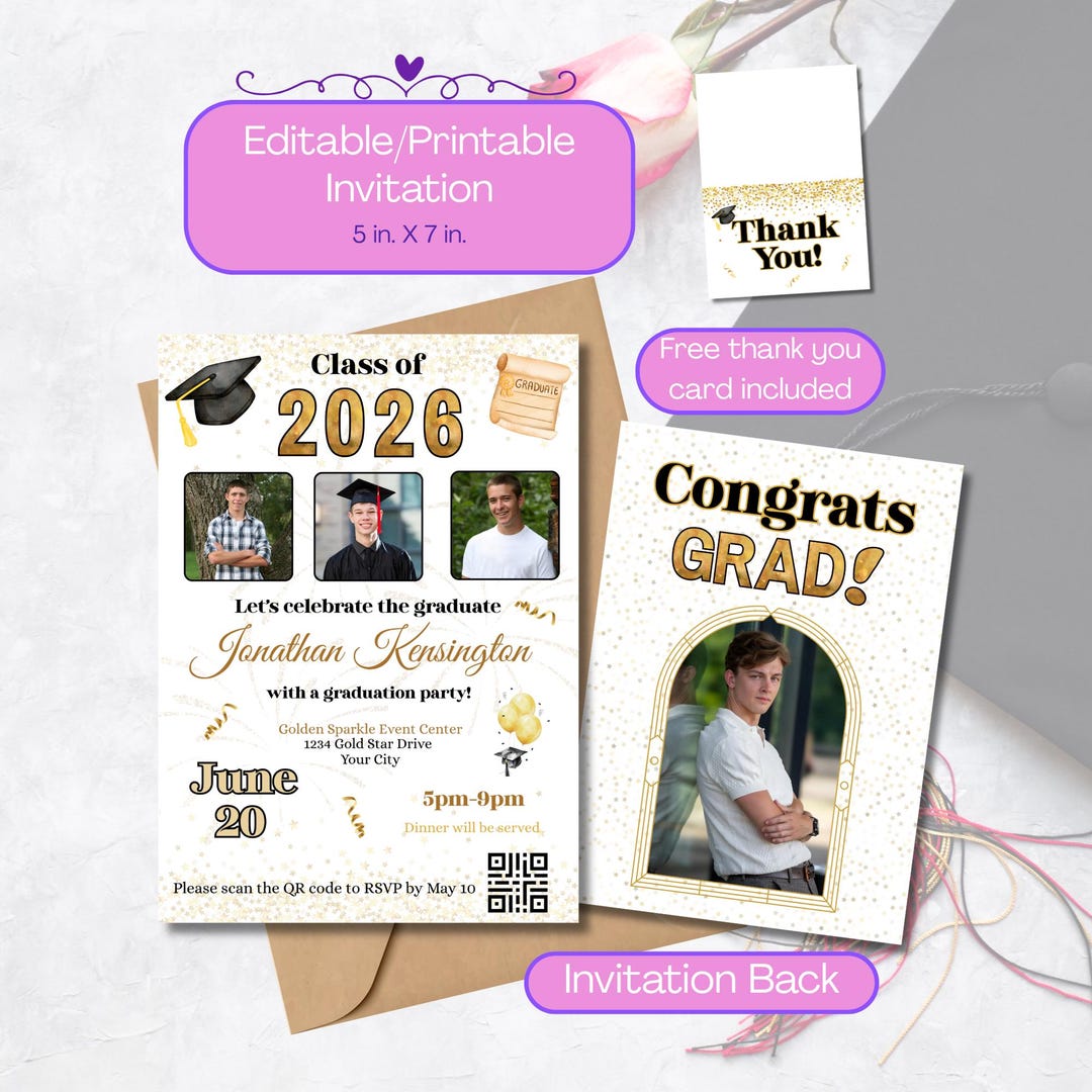 Editable Gold Sparkle Graduation Party Invitation, Star Commencement ...