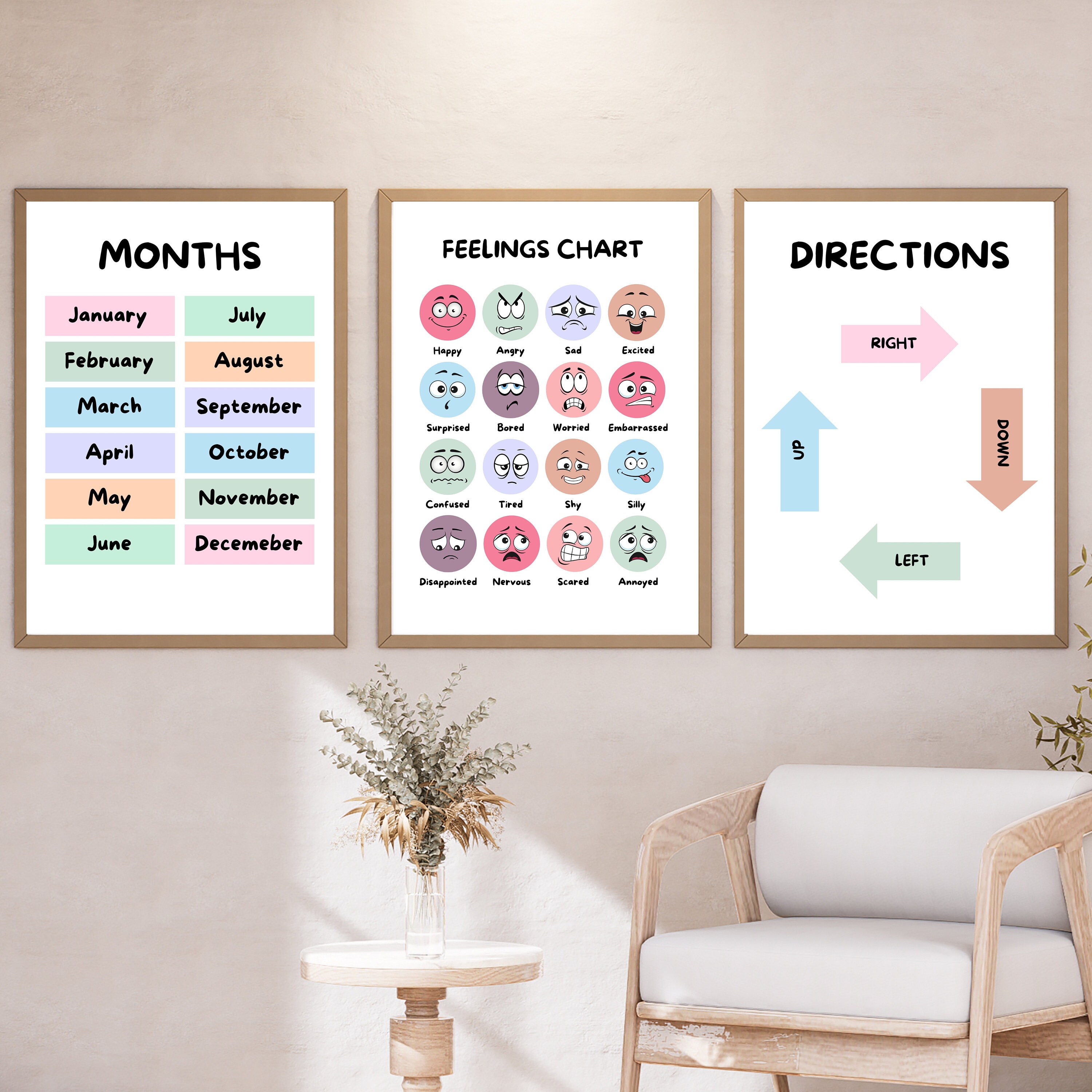 Set of 12 Educational Posters Pastel Learning Prints Montessori Toddler ...