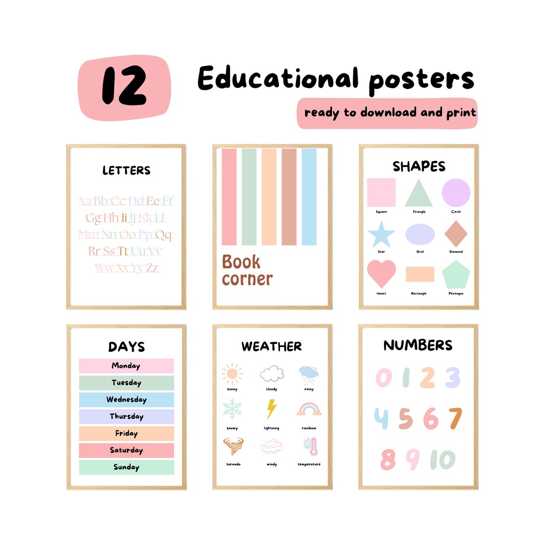 Set of 12 Educational Posters Pastel Learning Prints Montessori Toddler ...