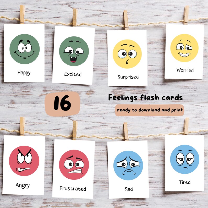 Feelings Cards Set of 16 Feelings Flash Cards Emotions Chart Montessori ...