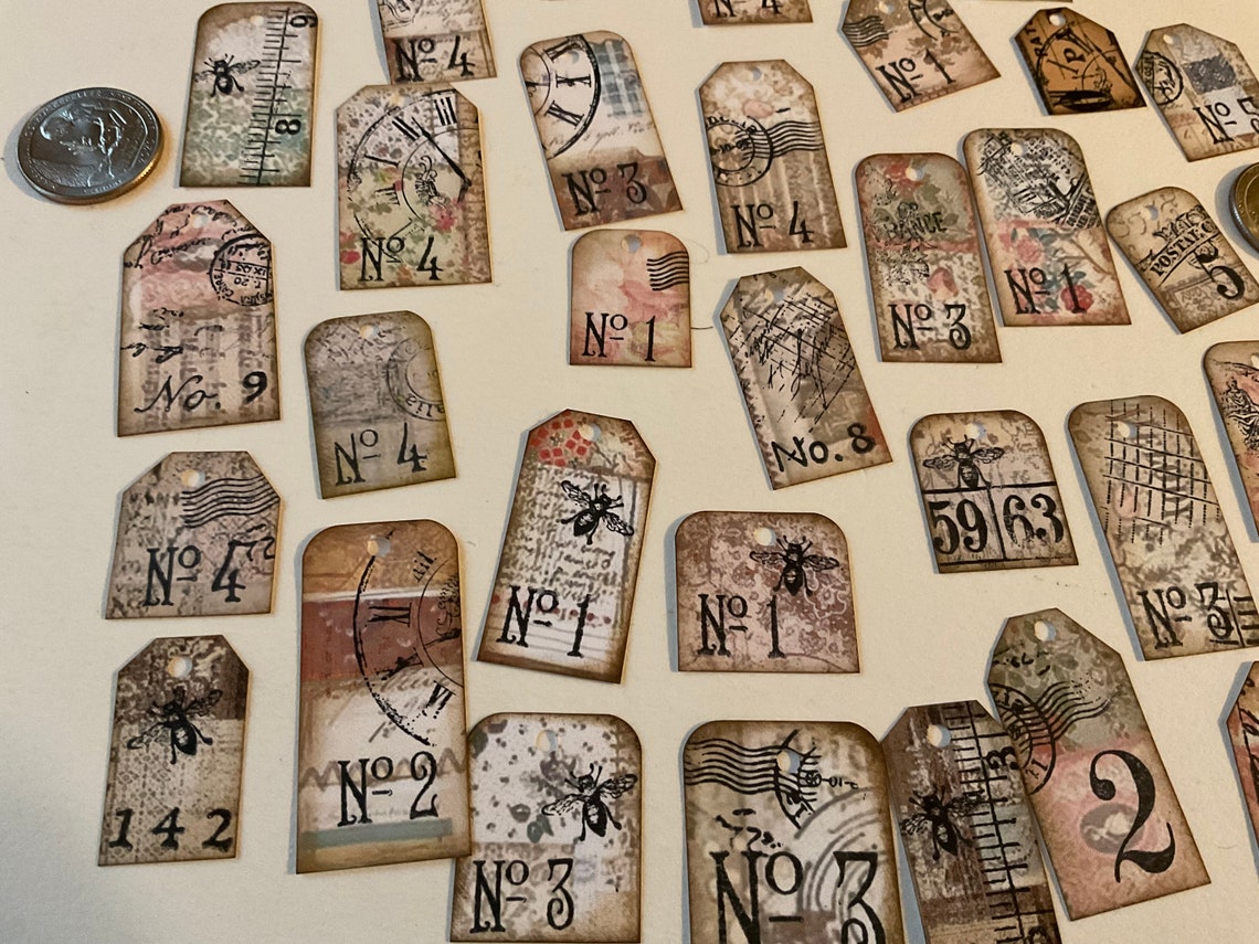 Lot of 12 Tiny Hand Cut/hand Stamped Tags - Junk Journal Embellishment ...