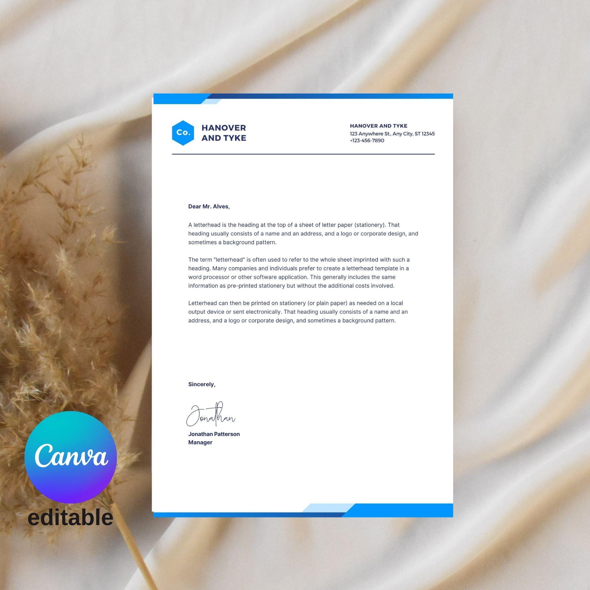 Business Letterhead Template Canva Editable, Custom Company Letterhead ...