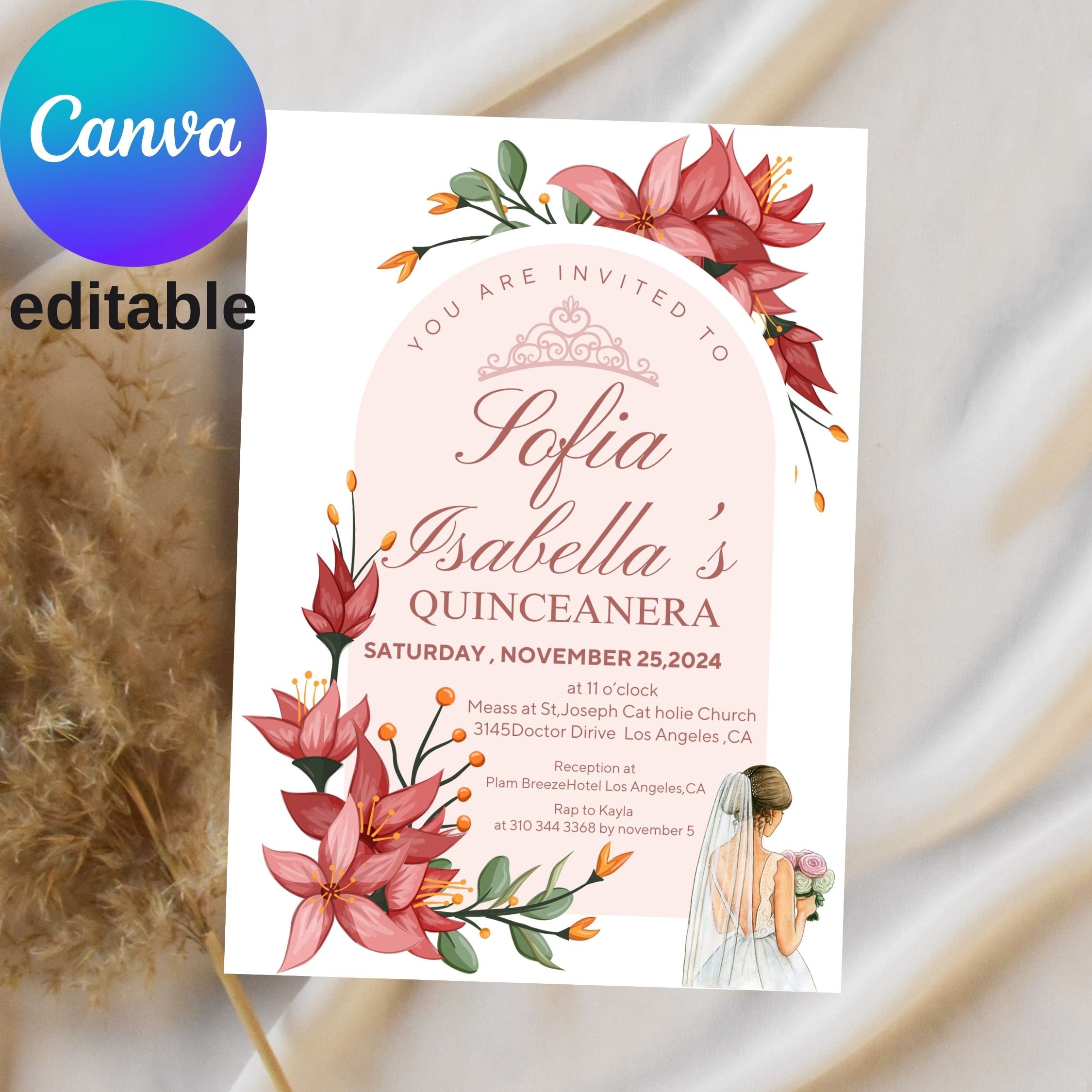 Blush Pink and Gold Arch Quinceañera Invitation, EDITABLE Tiara Rose ...