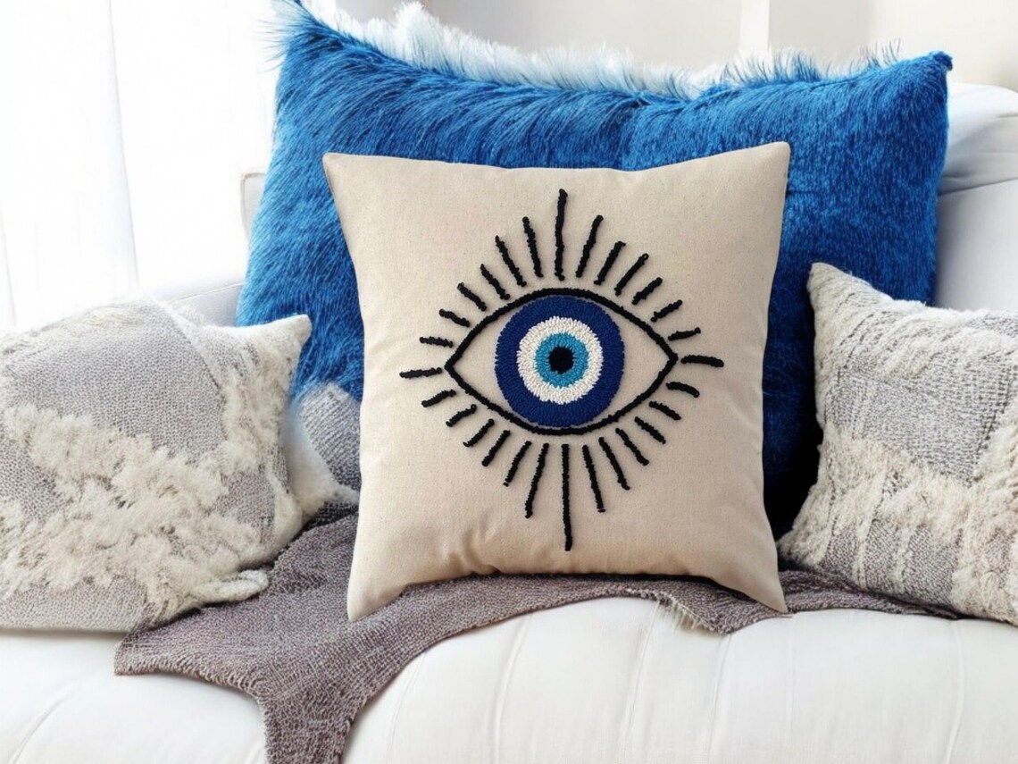 Handmade Evil Eye Punch Embroidered Linen Cushion Cover With Throw ...