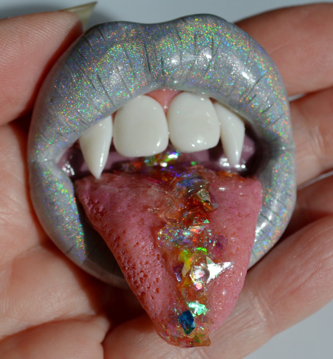 Lip Brooch Silver Hologram Mouth Pin Goth Lip Jewelry Wearable Art ...