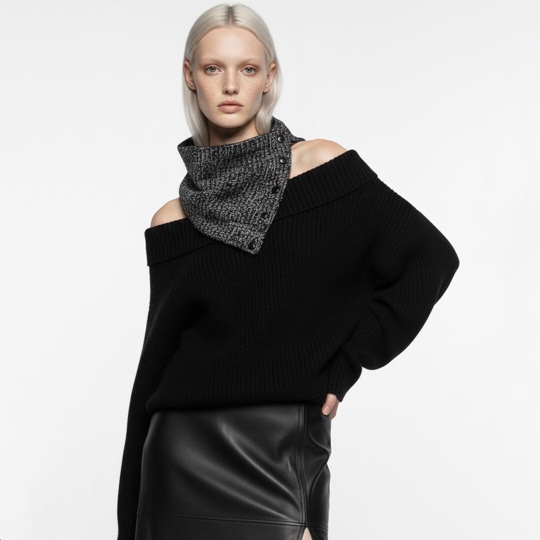 Black and Gray Cross Hatch Woven Cowl Snap Scarflette - Etsy