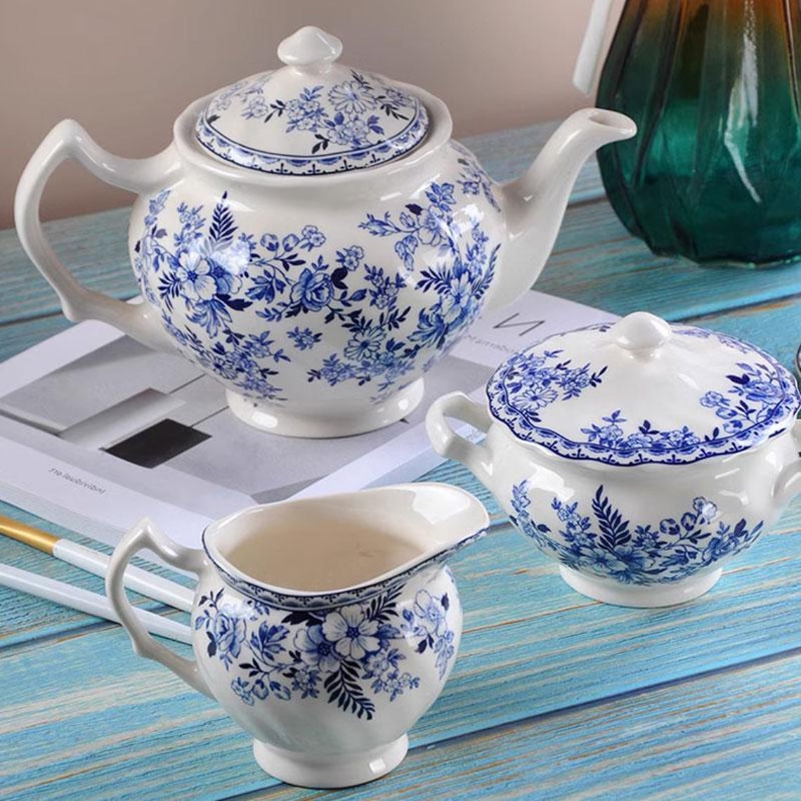 Handmade Blue Floral Ceramic Tea Set: Coffee Cups and Saucers - Etsy