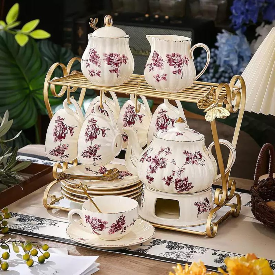 Ceramic Flower Tea Set | English Candle Heating Teapot | Wedding Gift ...