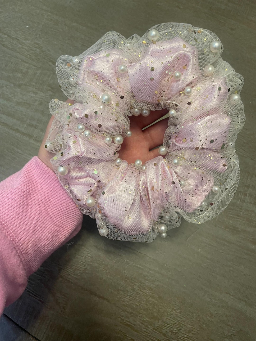 Jumbo Double-layered Pink Scrunchie With Pearls and Gold Sparkles - Etsy