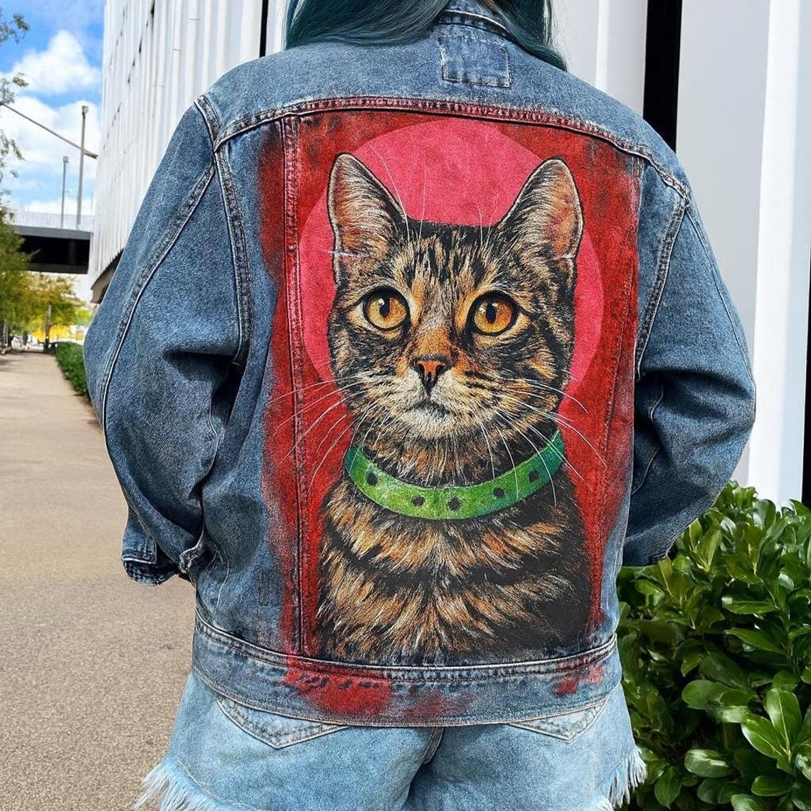 Custom Pet Portrait Jacket, Hand Painted Jean Jacket With Dog or Cat ...