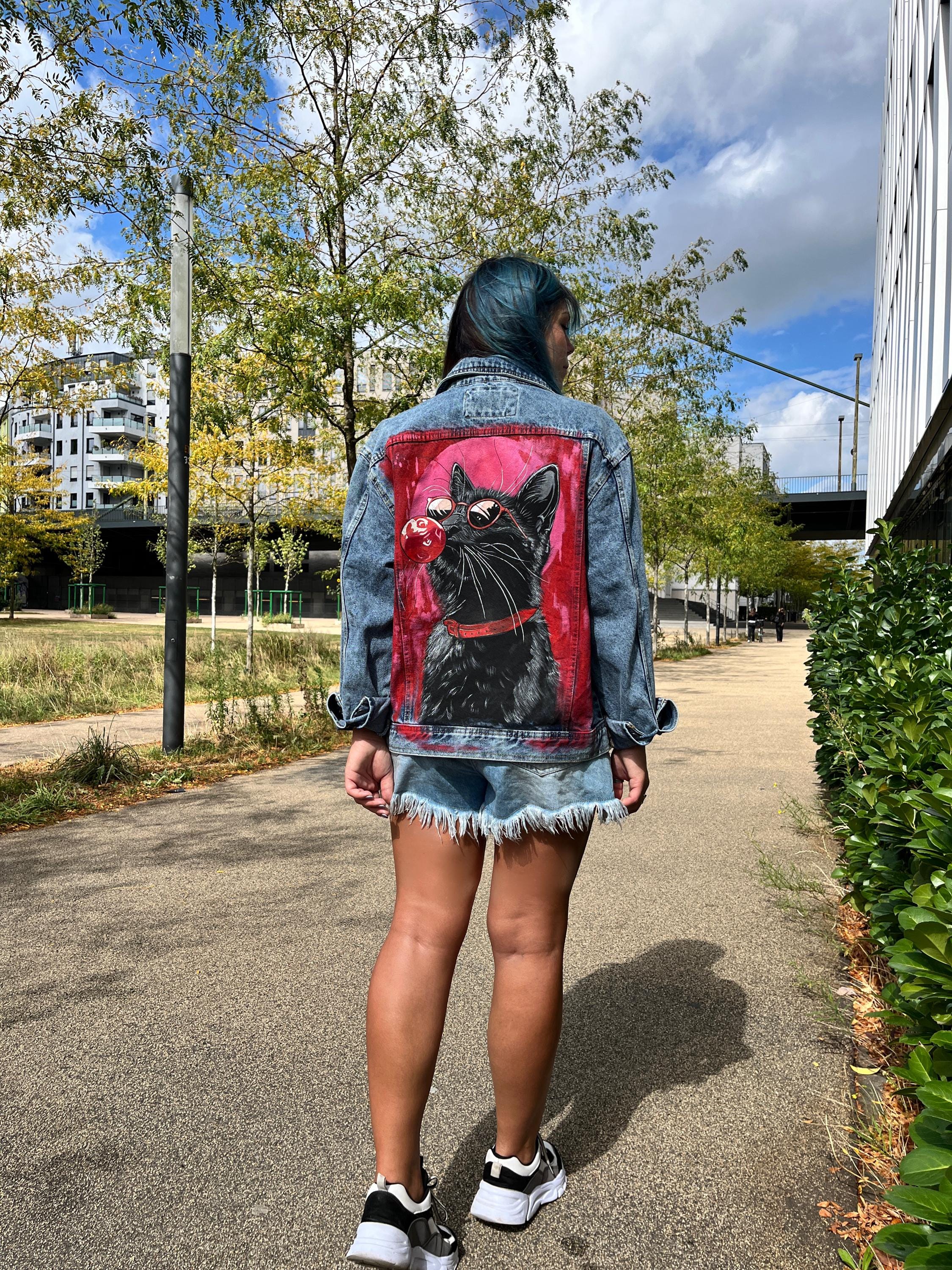 Custom Painted Denim Jacket, Handmade Jean Jacket With Cat Artwork ...