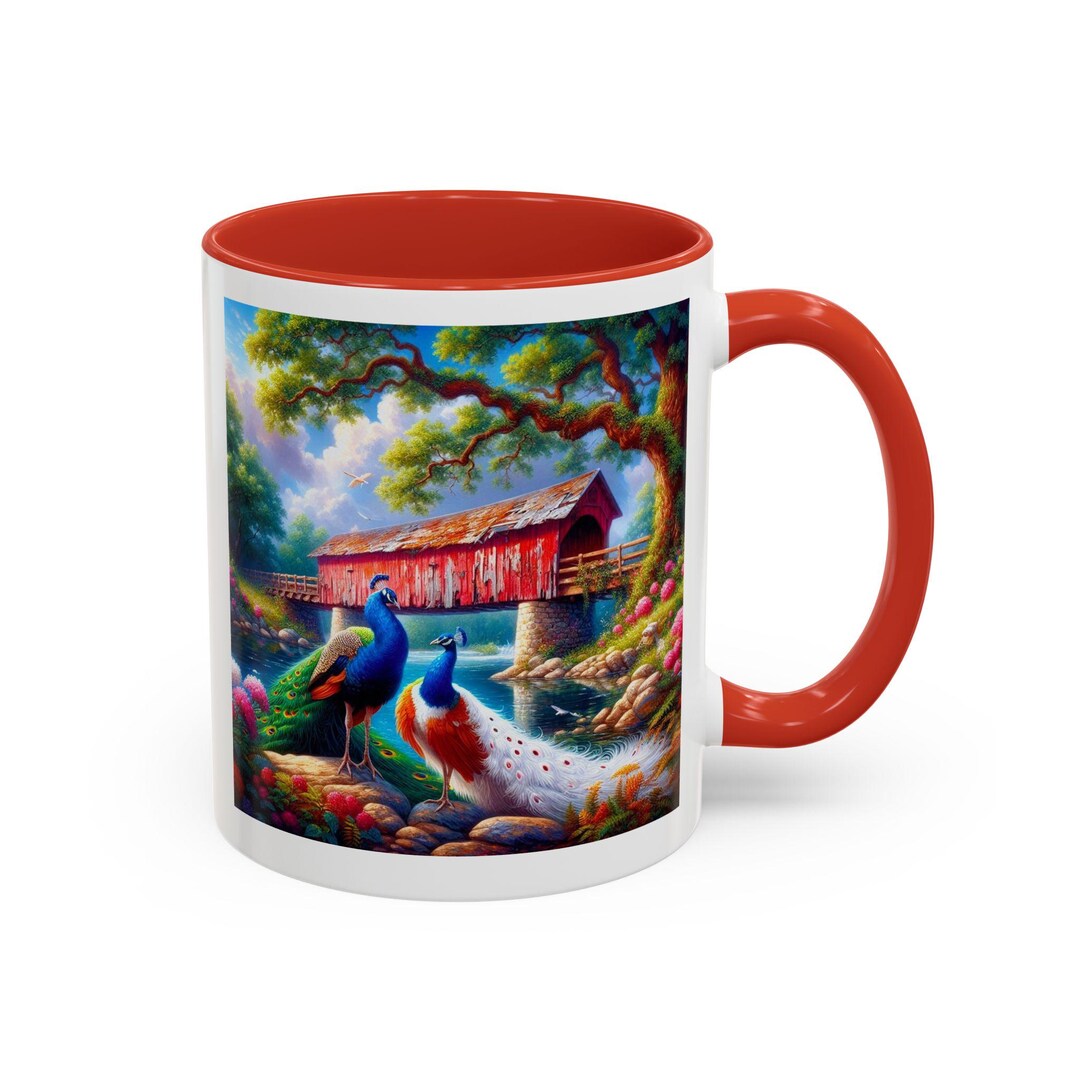 Covered Bridge-themed Peacock Accent Coffee Mug - Colorful Nature ...
