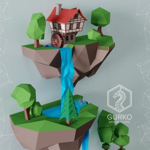 Papercraft Flying Island. Waterfall, Digital Template, PDF Download ...