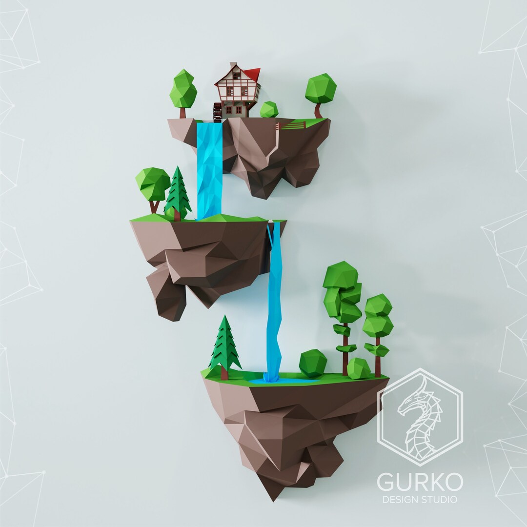 Papercraft Flying Island. Waterfall, Digital Template, PDF Download ...