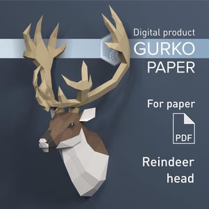 Reindeer Head Papercraft, Digital Template, PDF Download, Gurko, 3D Low ...