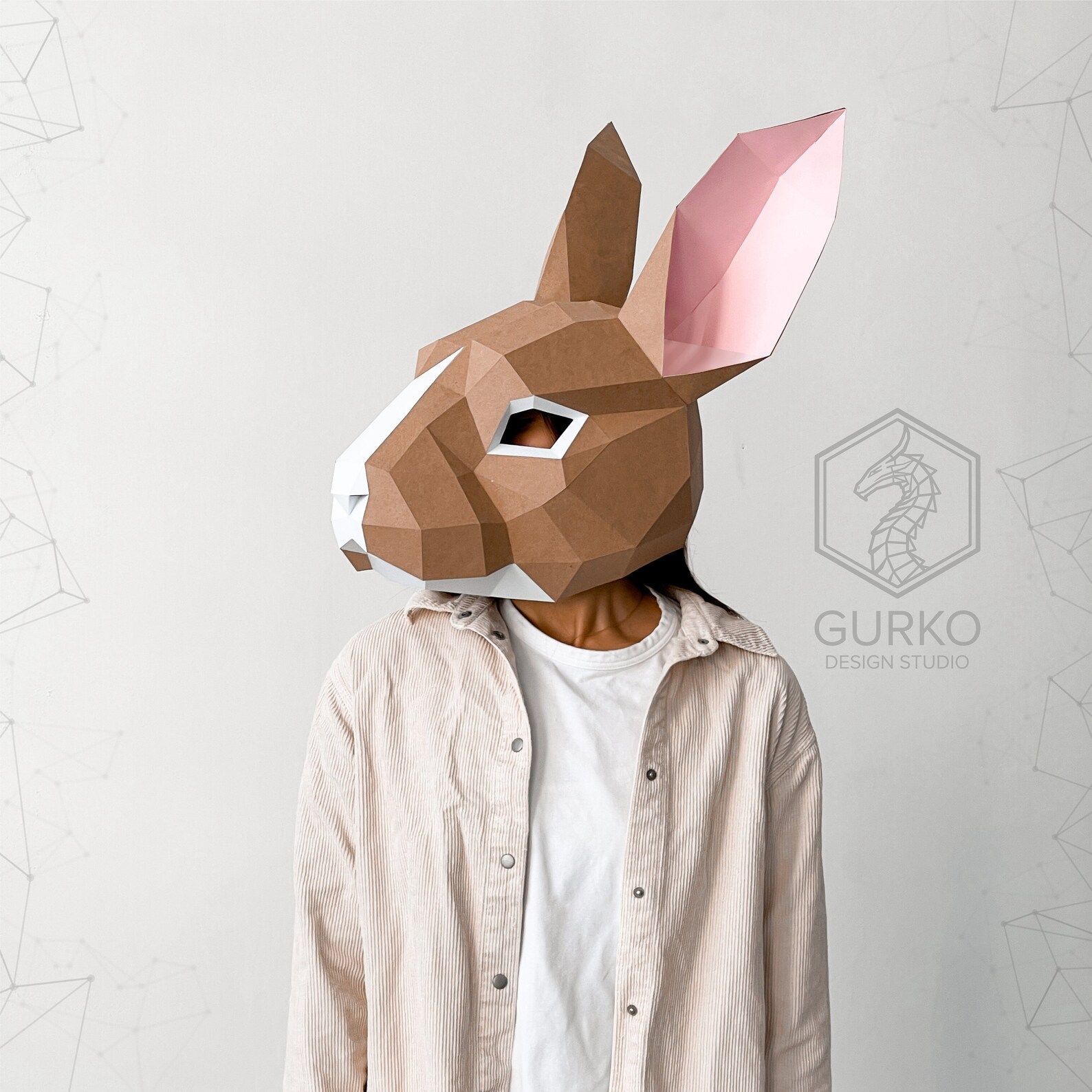 Rabbit Mask Papercraft, Hare, Digital Template, PDF Download, Gurko, 3D ...