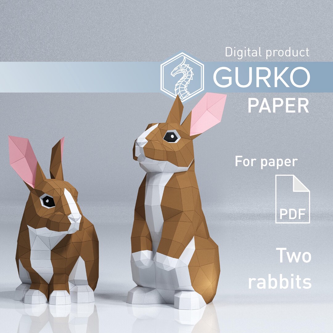 Two Rabbits Papercraft, Hare, Digital Template, PDF Download, Gurko ...