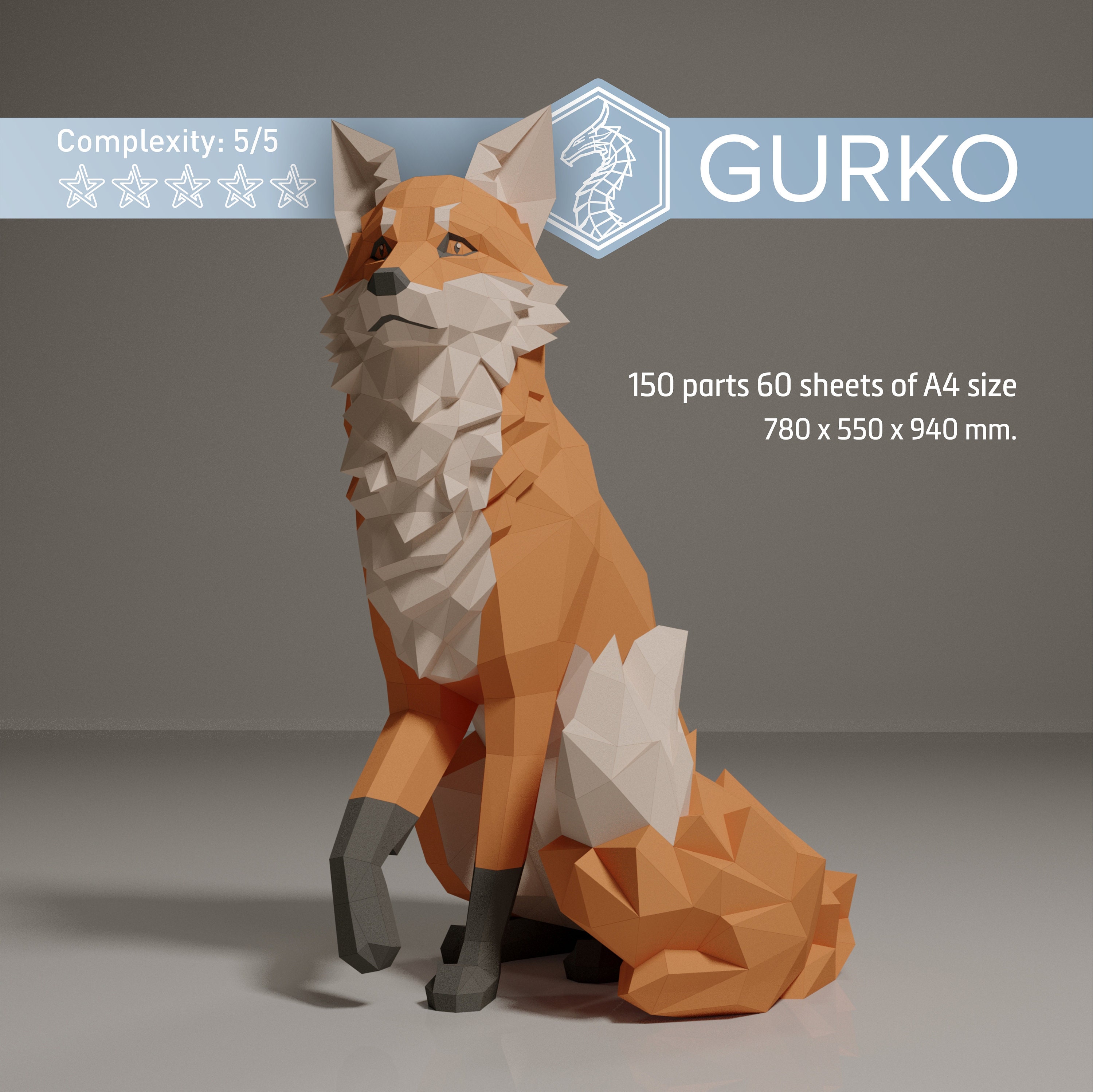 Sitting Fox Papercraft, Digital Template, PDF, SVG, DXF Download, Gurko ...