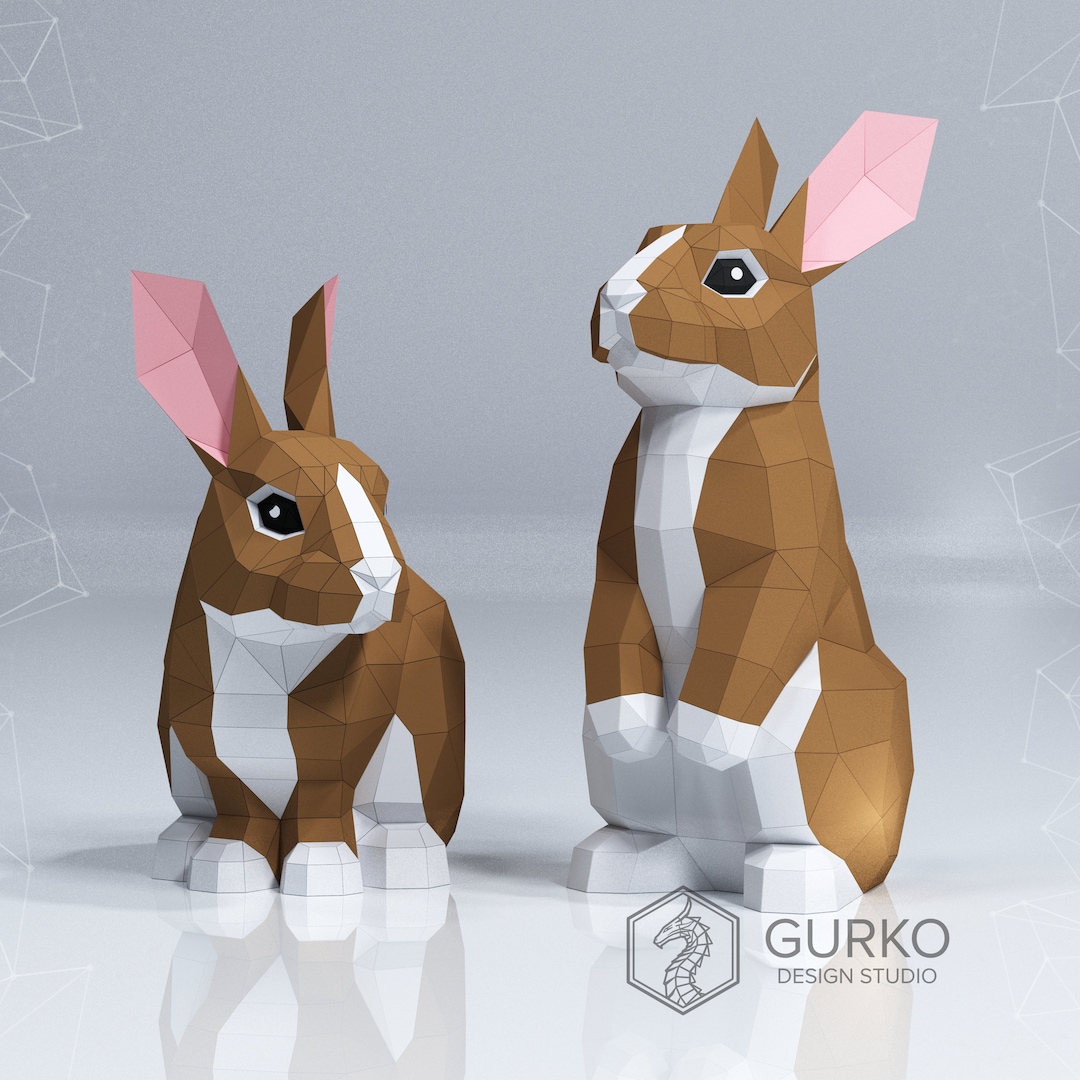 Two Rabbits Papercraft, Hare, Digital Template, PDF Download, Gurko, 3D ...