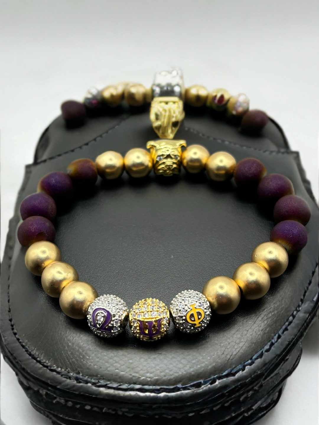 Stylish Omega Psi Phi Matte Purple and Gold Beaded Charm Bracelet ...