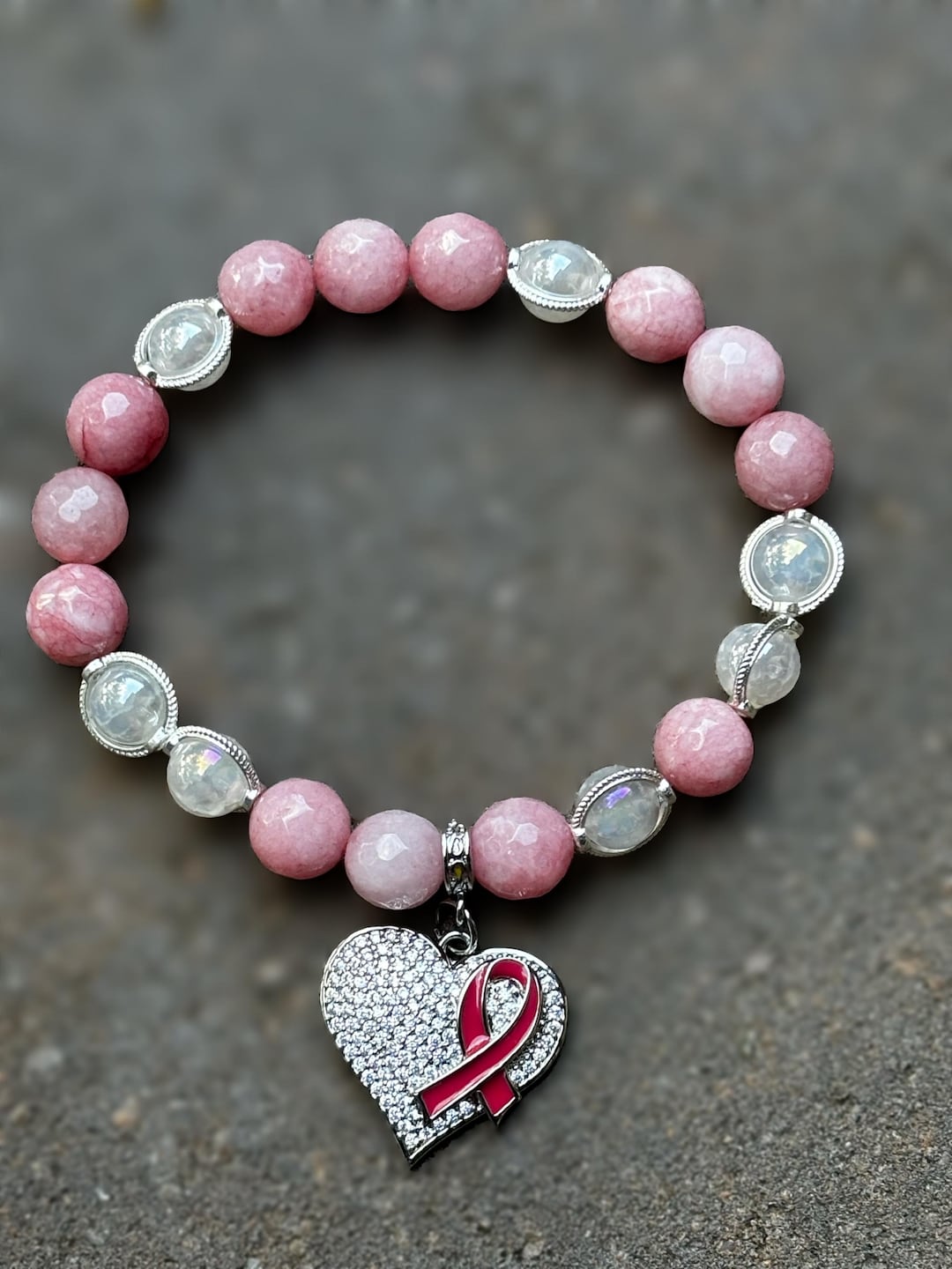 Stylish Beaded Breast Cancer Charm Bracelet! Made With Pink Jades ...