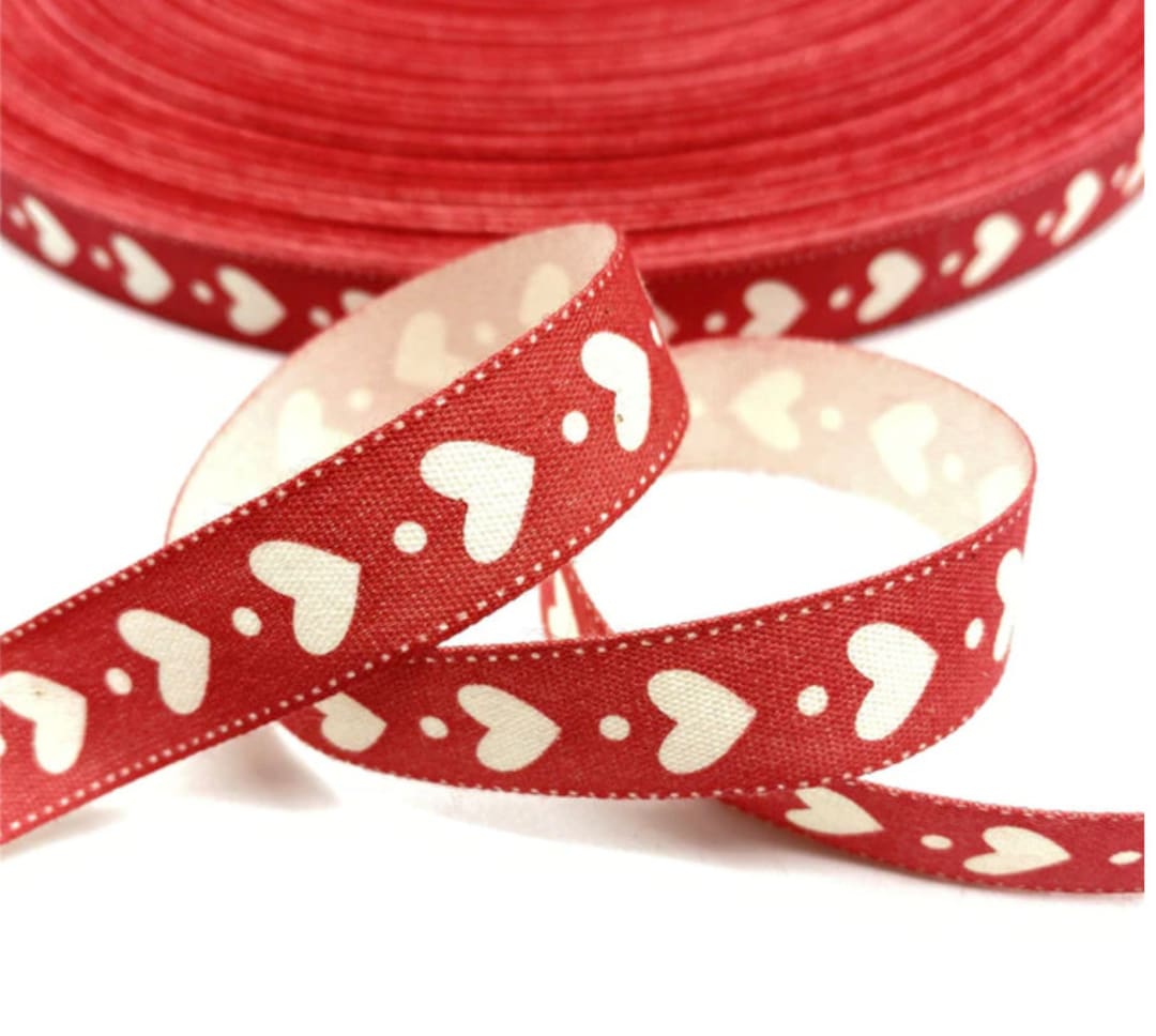 5 Yards 15mm Valentine Heart Ribbon Red and White Printed Cotton ...